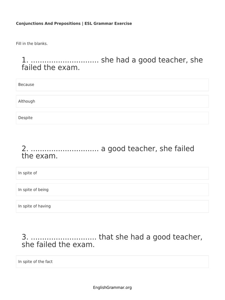 Conjunctions and Prepositions _ ESL Grammar Exercise | PDF | Language ...