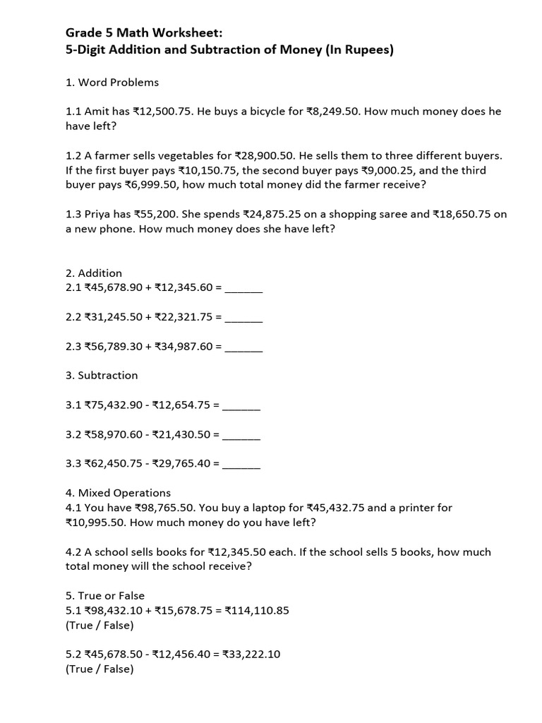 Grade 5 Worksheet Money | PDF