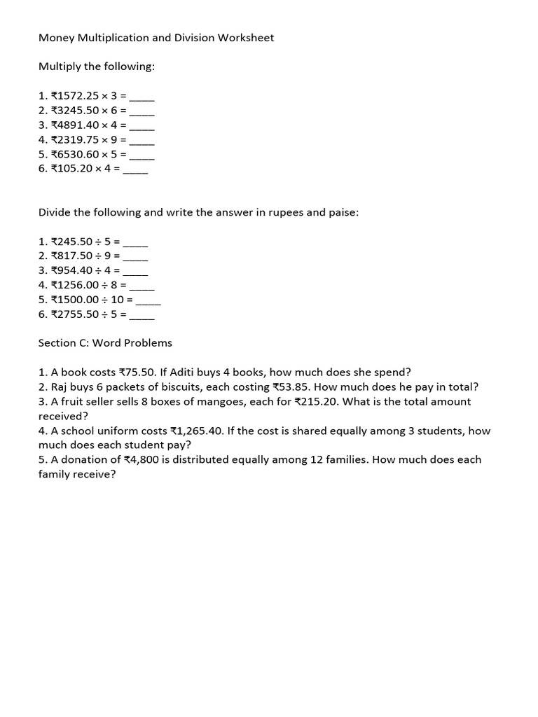Money Multiplication and Division Worksheet | PDF