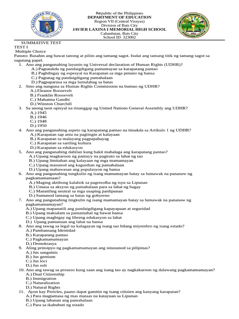 summative of grade 10 AP | PDF