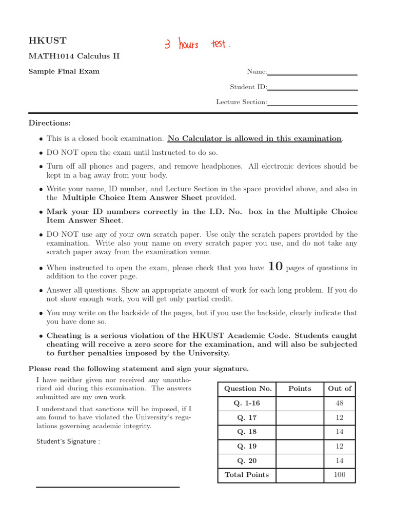 HKUST Calculus II Sample Exam | PDF | Multiple Choice | Mathematical ...