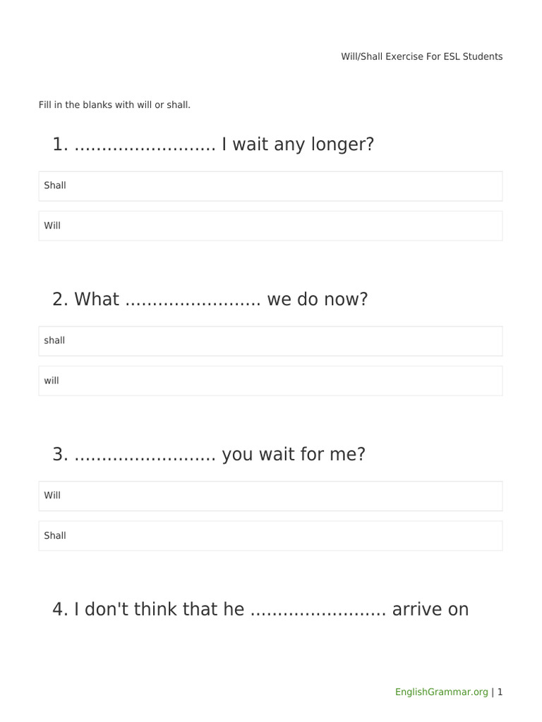 Will - Shall Exercise For ESL Students | PDF