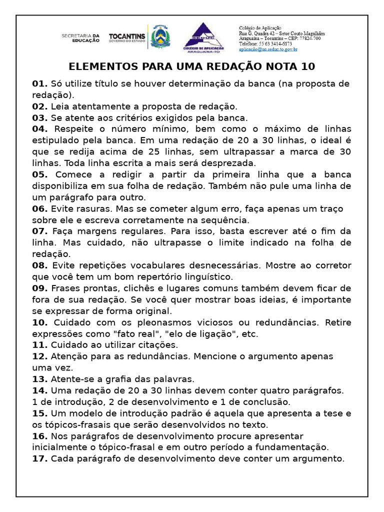 ELEMENTOS PARA UMA REDAÇÃO NOTA 10 - Dicas | PDF