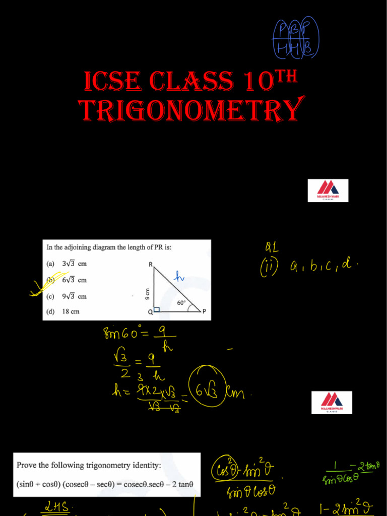 Icse Class X Trigonometry Yash Maheshwari | PDF