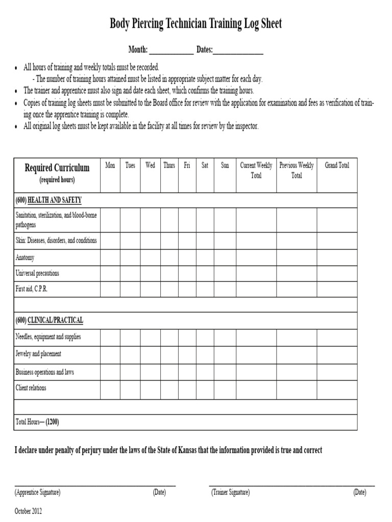 Body Piercing Training Log Sheet | PDF