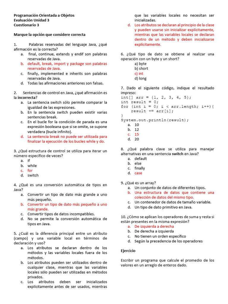 Cuestionario 3 | PDF | Java (lenguaje de programación) | Programación de computadoras