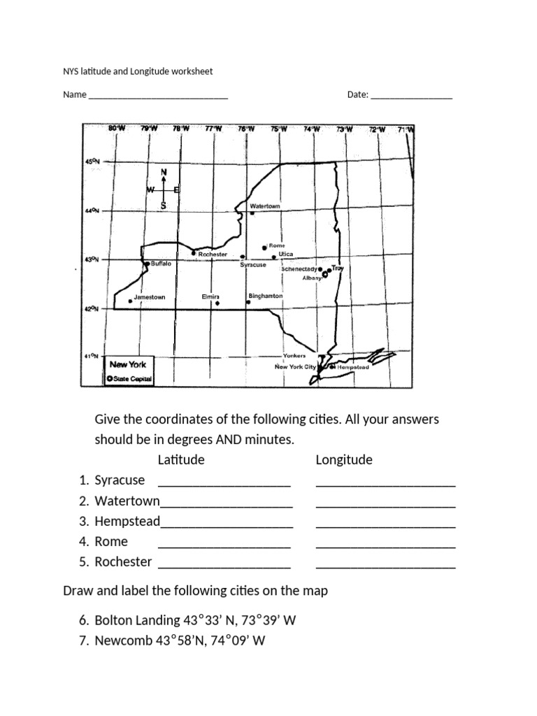 NYS Latitude and Longitude Worksheet | PDF