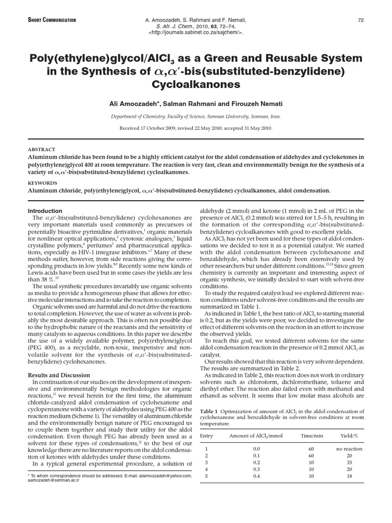 Green Synthesis with PEG/AlCl3 | PDF | Polyethylene Glycol | Solvent