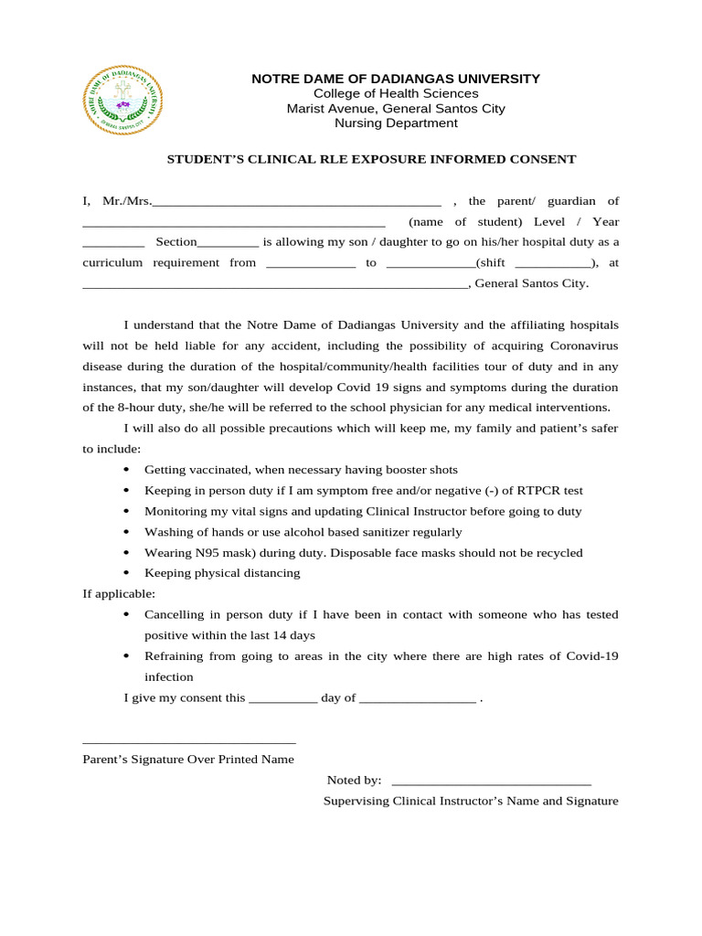 Clinical RLE Hospital Exposure Consent Revised 2024 | PDF