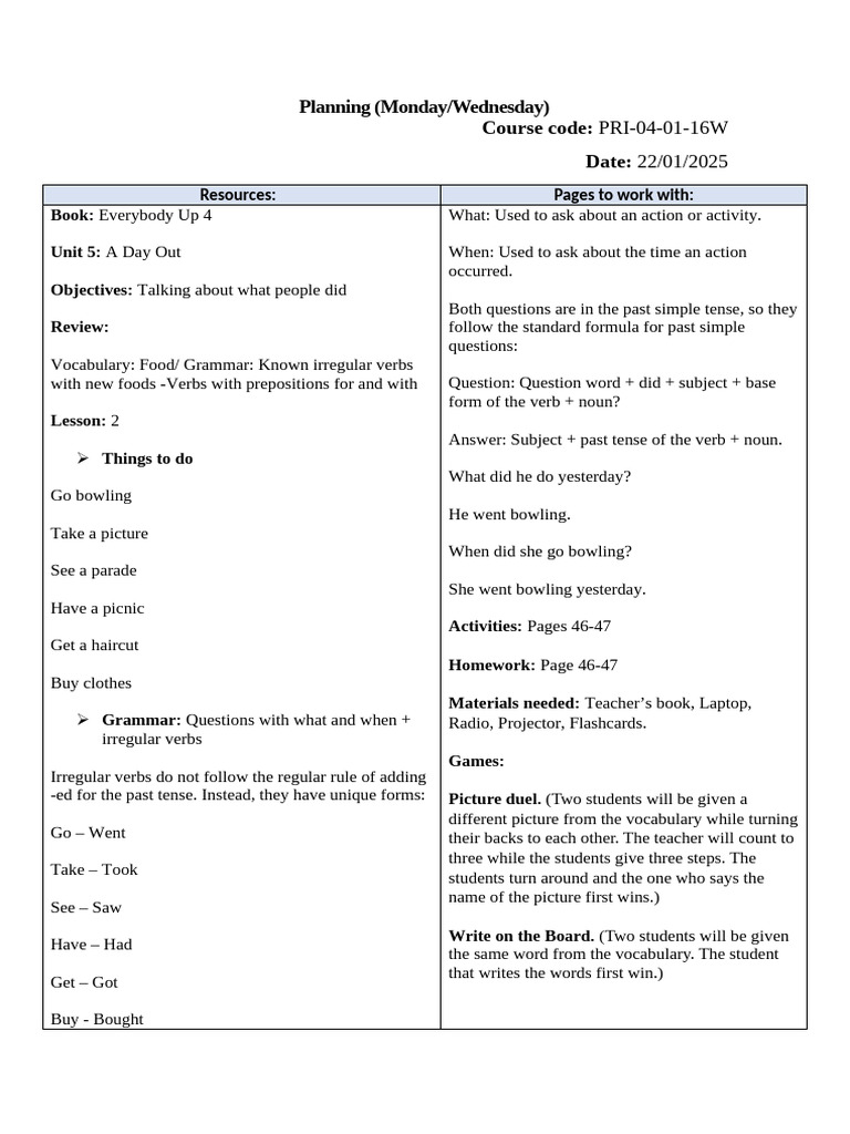 Everybody Up 4, Unit 5, Lesson 2. | PDF | Verb | Grammatical Tense