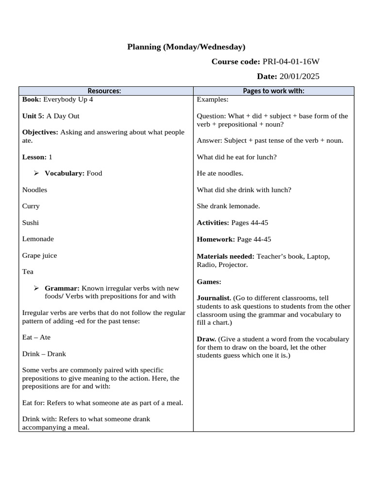 Everybody Up 4 Unit 5 Lesson Plan | PDF | Verb | Lunch