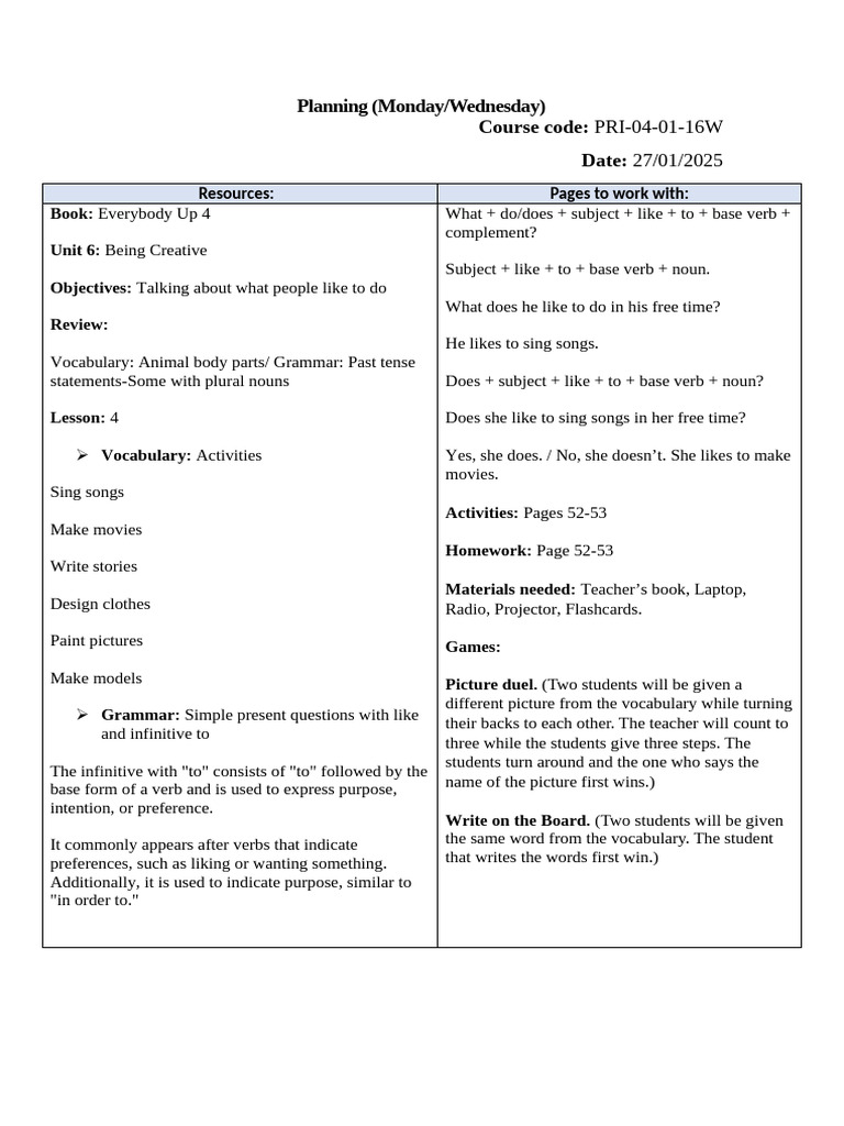 Everybody Up 4 Unit 6 Lesson Plan | PDF | Verb | Noun