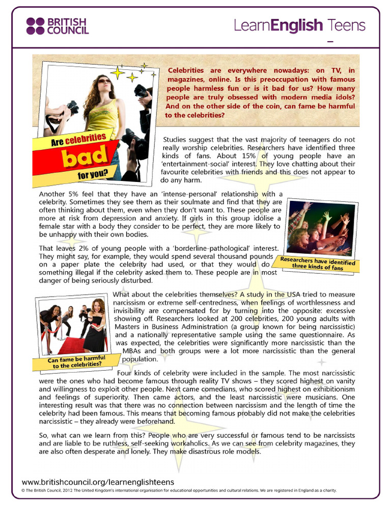 Reading Comprehension - Are Celebrities Bad For You - BBC | PDF