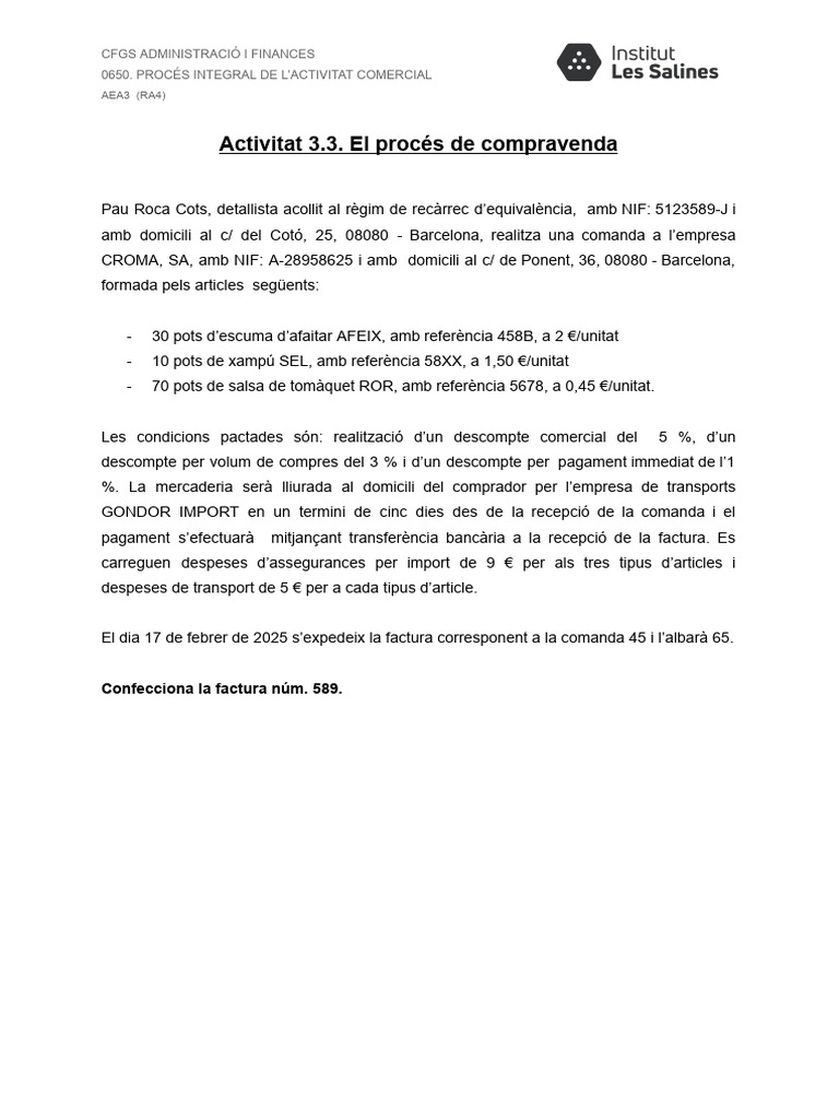 Activitat 3. El Procés de Compravenda (A3.3) | PDF
