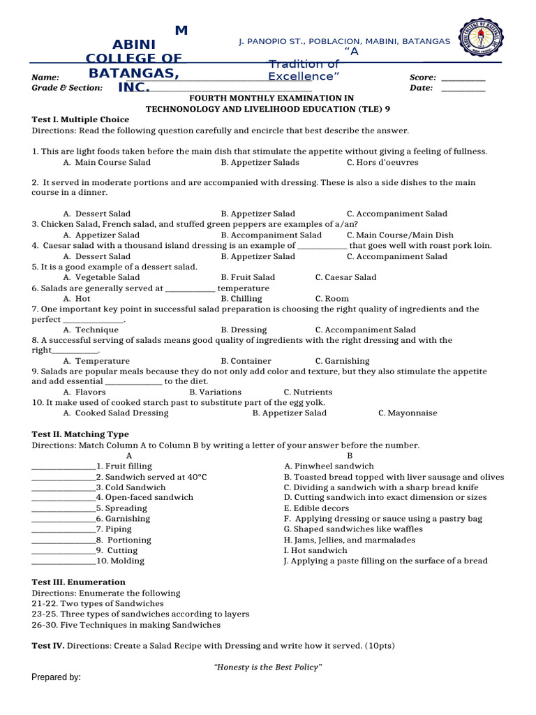 4th Monthly Examination TLE 9 Victory | PDF | Hors D'oeuvre | Salad