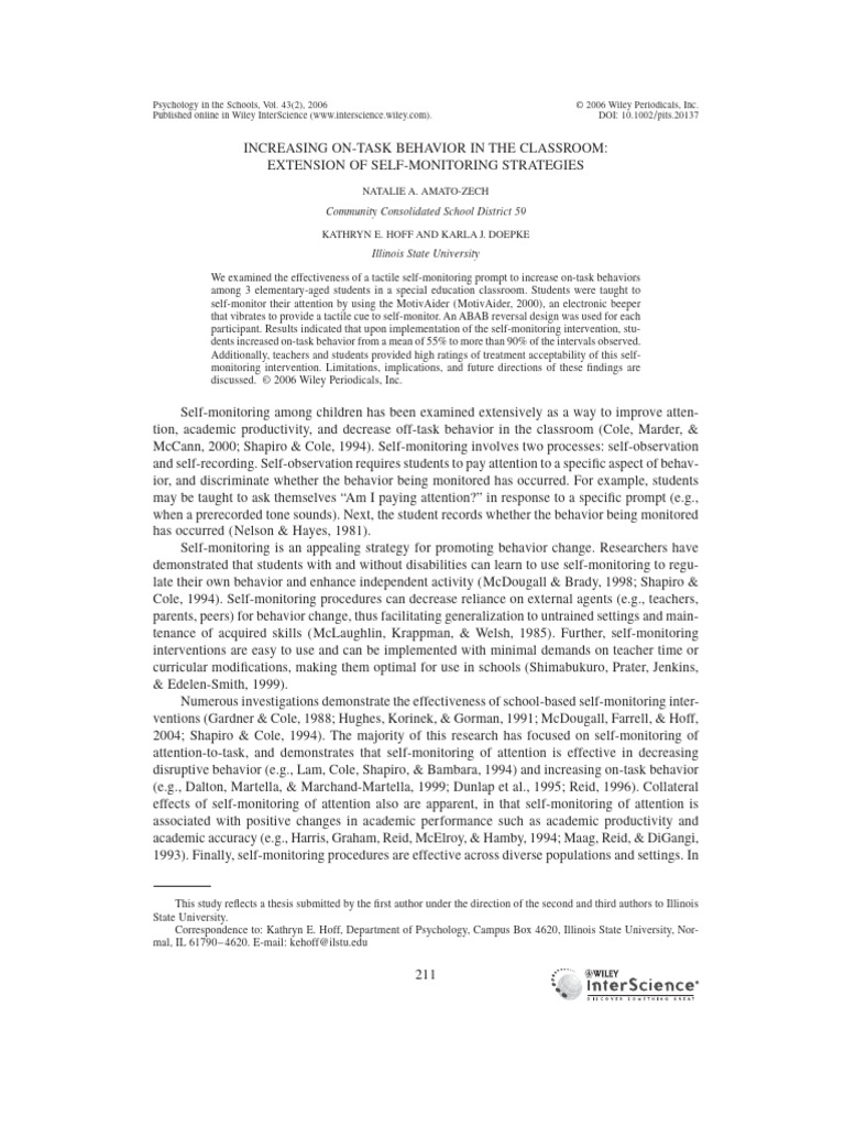 Increasing On Task Behavior in The Classroom Extension of Self ...