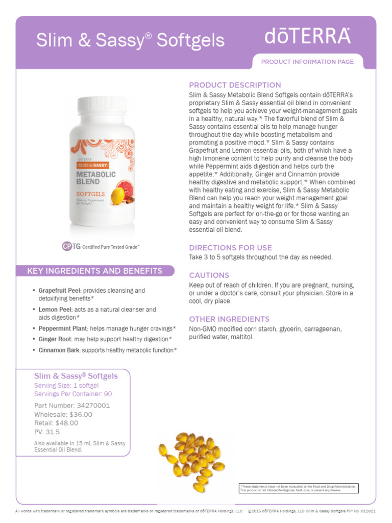 Doterra Slim and Sassy Softgels | PDF | Essential Oil | Weight Management
