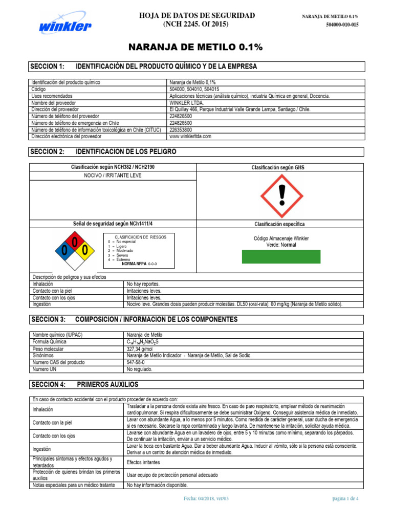 Hoja de Seguridad Naranja de Metilo 0.1% | PDF | Agua | Combustión