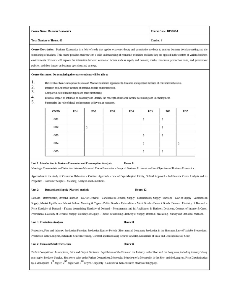 Business Economics Syllabus | PDF | Demand | Elasticity (Economics)
