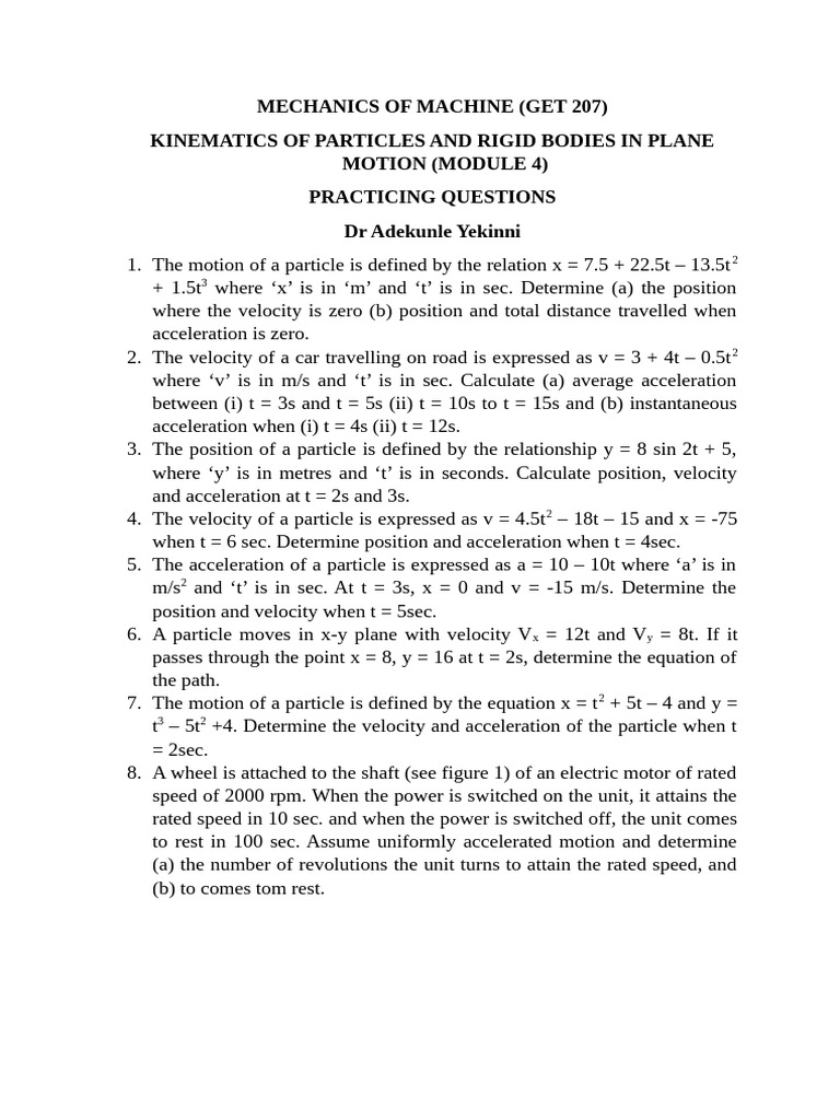 Kinematics Practice Questions | PDF | Acceleration | Velocity
