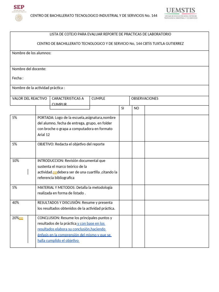 Lista de Cotejo para Evaluar Reporte de Practicas de Laboratorio | PDF