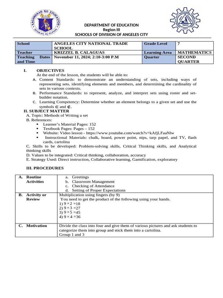 Lesson Plan Quarter 2 Week7 Set | PDF | Learning | Lesson Plan