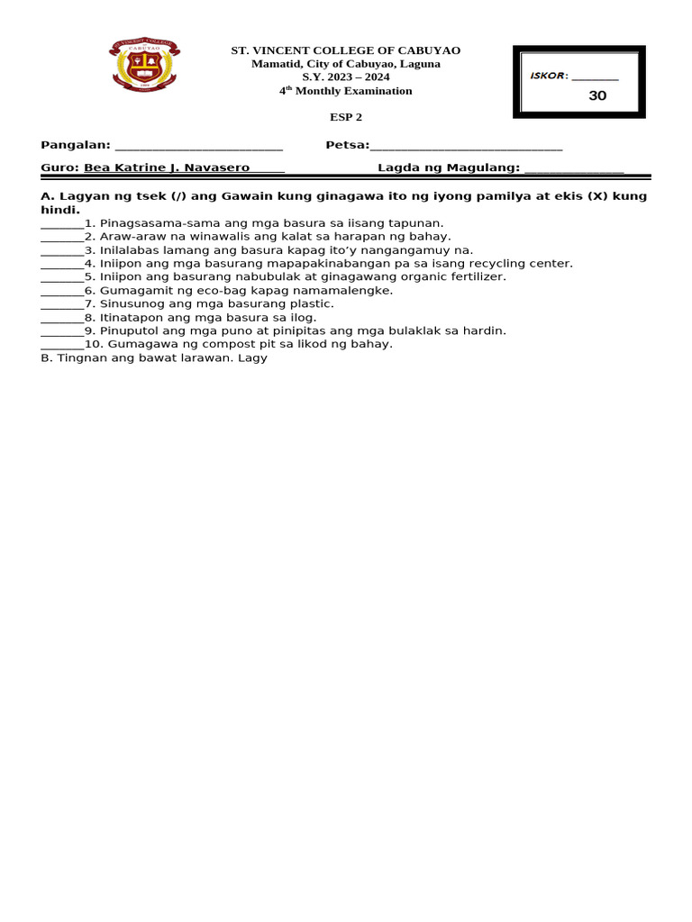ESP 2 - 4th Monthly EXAMINATION | PDF