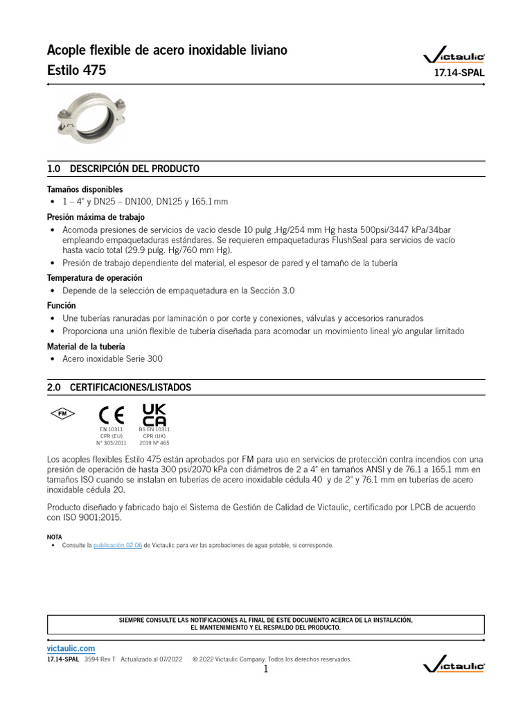 Acople Flexible de Acero Inoxidable Liviano Estilo 475: 1.0 Descripción ...