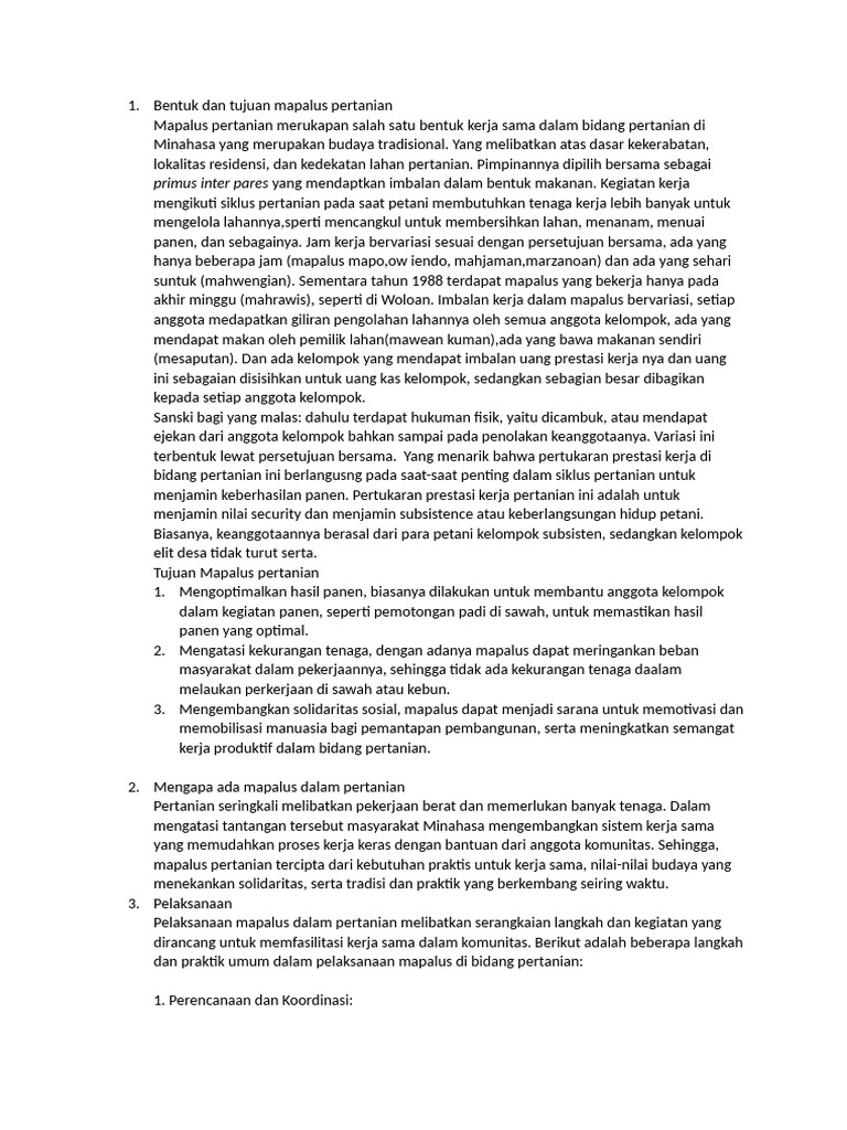 Bentuk Dan Tujuan Mapalus Pertanian | PDF