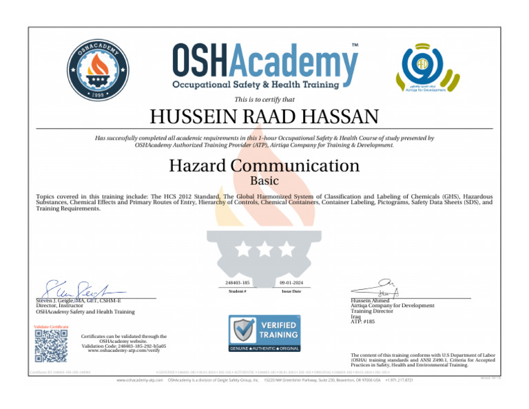 Occupational Safety & Health Course Certificate | PDF | Systems ...