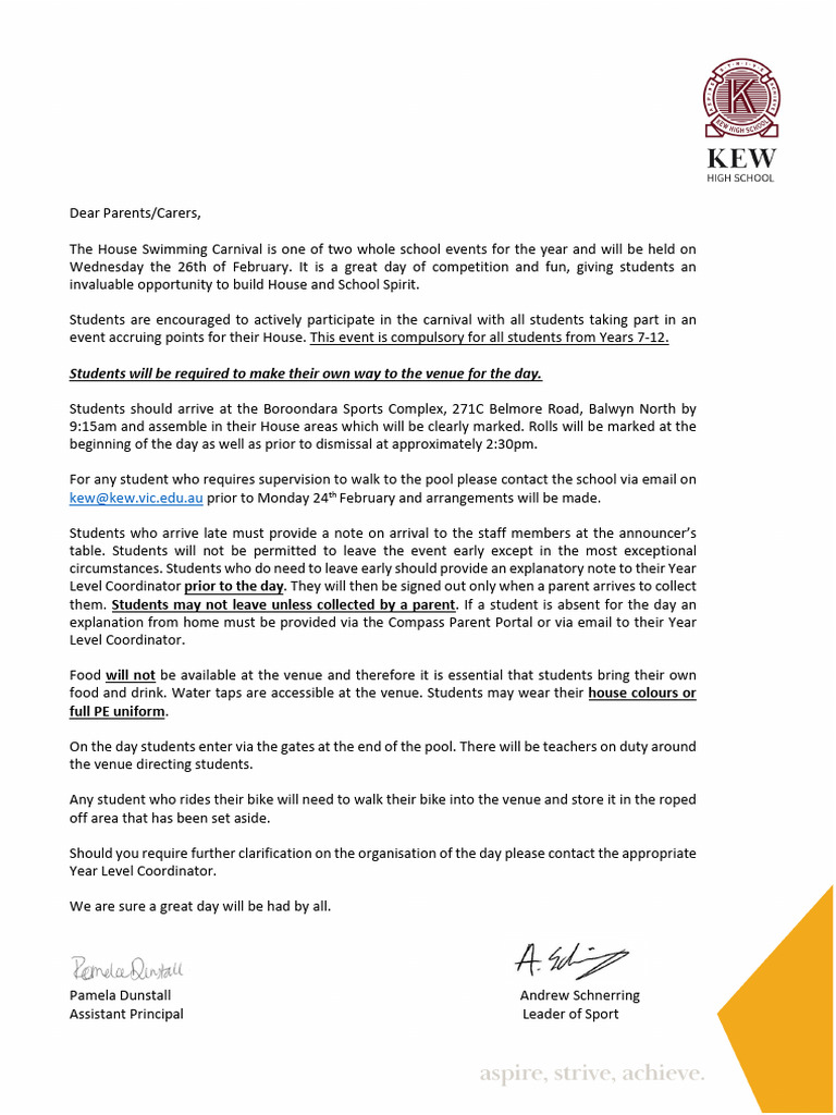 Swimming Carnival Letter To Parents Carers 2025 | PDF