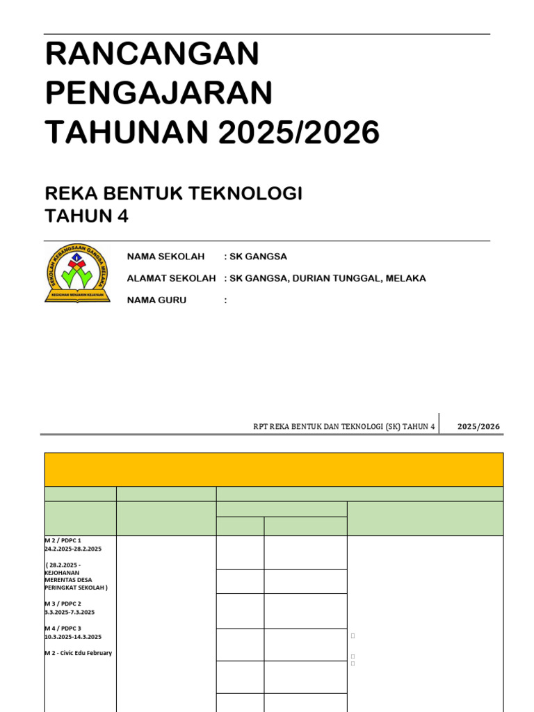 RPT RBT THN 4 2025-2026 SK Gangsa | PDF