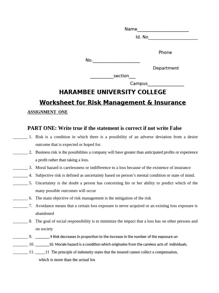Risk Management Worksheet One | PDF | Risk | Insurance