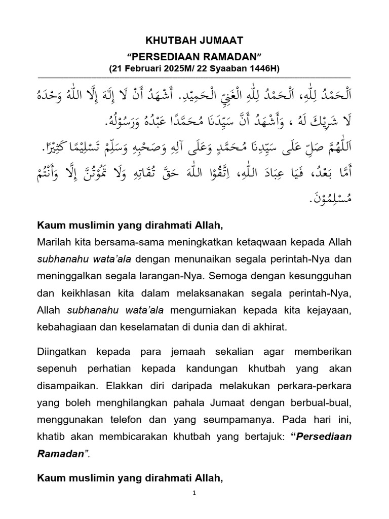 Khutbah Jumaat 21 Februari 2025 Persediaan Ramadan | PDF