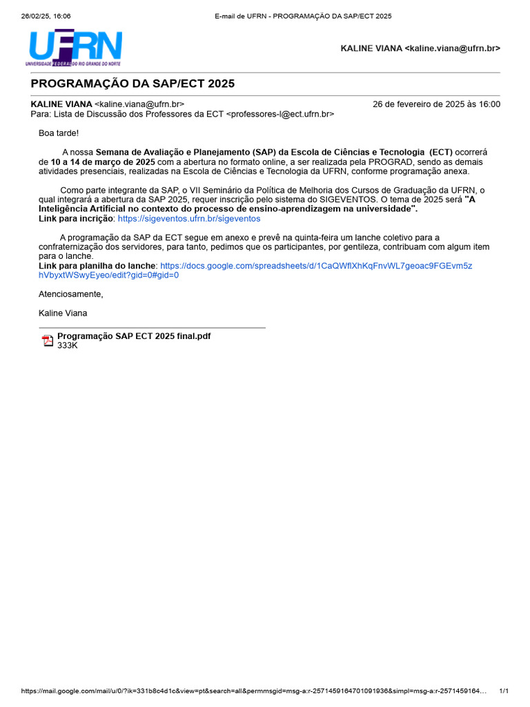 E-mail de UFRN - PROGRAMAÇÃO DA SAP_ECT 2025 | PDF