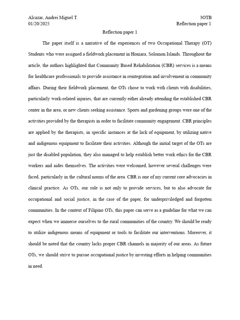 Alcazar - CBR Reflection 1 | PDF | Occupational Therapy | Disability