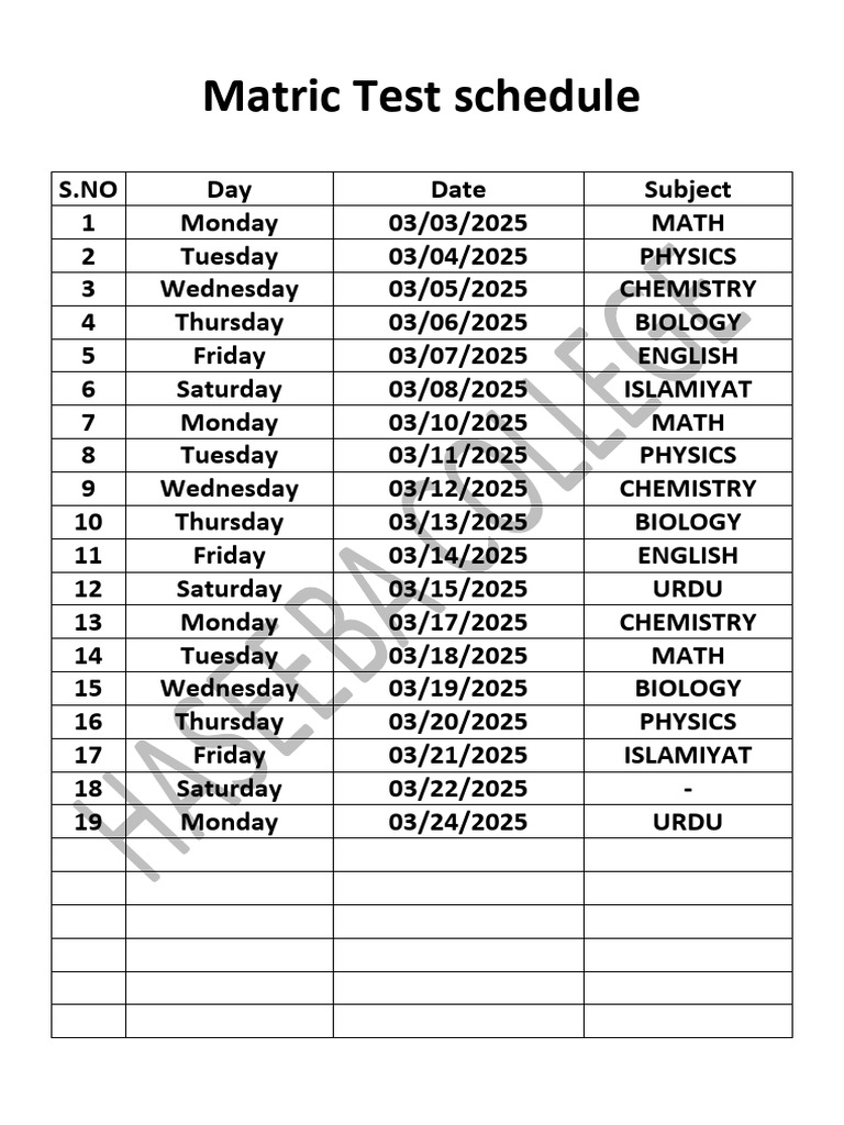 Matric Test Schedule 9th | PDF