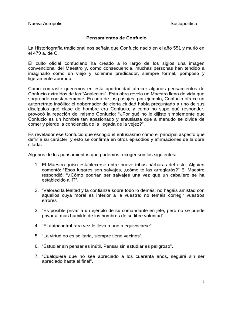Pensamientos Confucio | PDF | Confucio