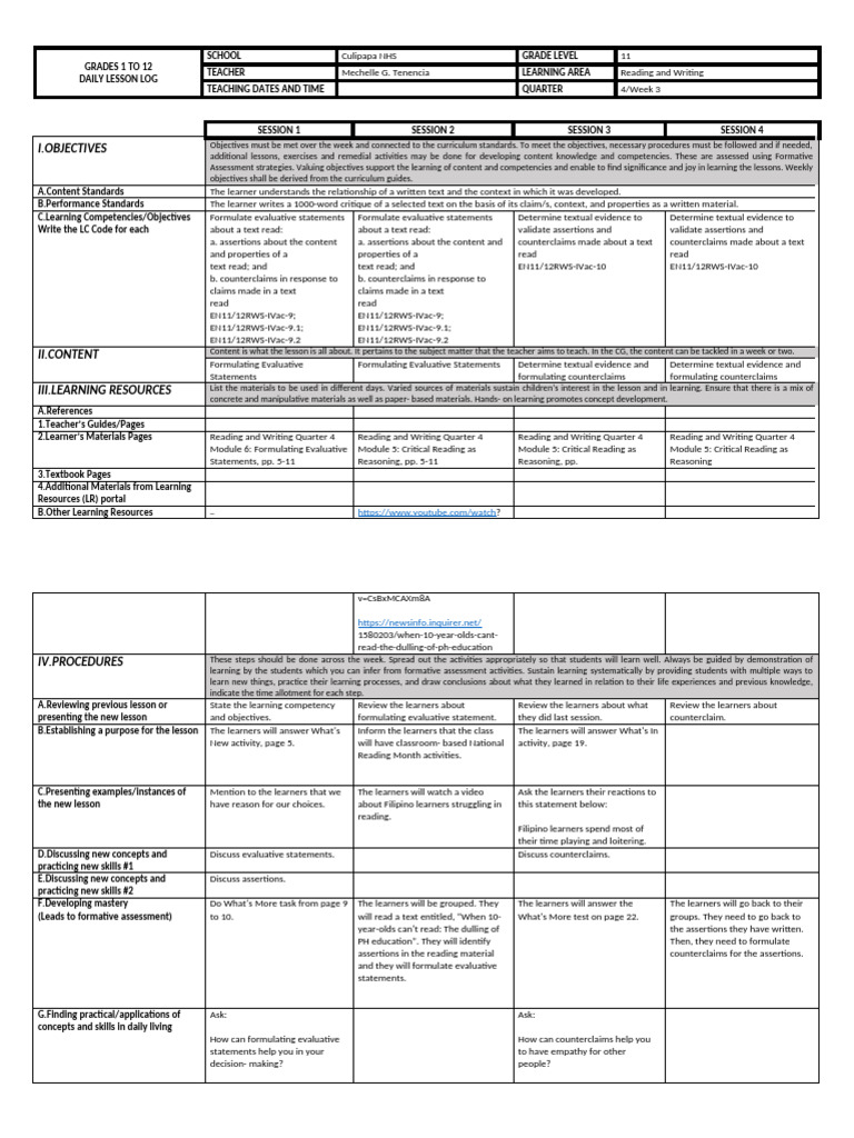 RW Q4 W3 | PDF | Learning | Educational Assessment