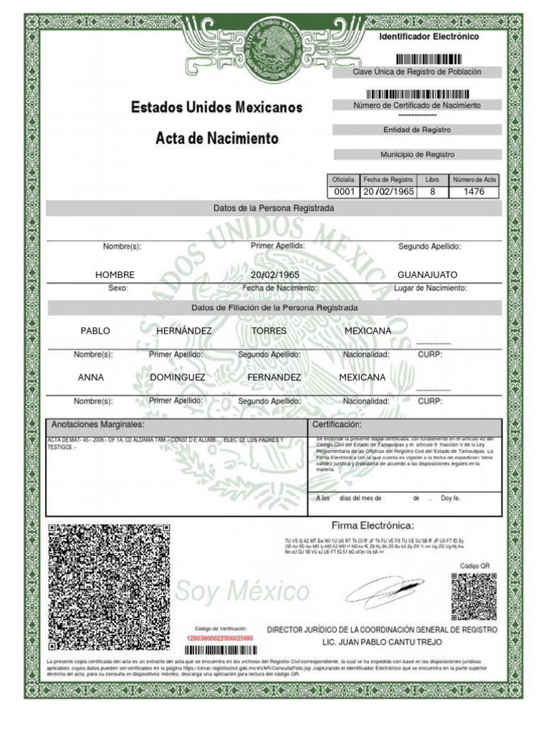 Acta de Nacimiento JUAN HIPÓLITO HERNÁNDEZ DOMINGUEZ | PDF