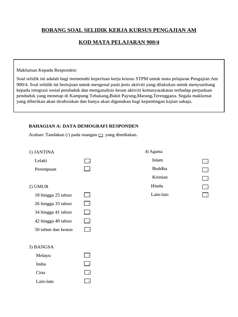 Borang Soal Selidik Kerja Kursus Pengajian | PDF