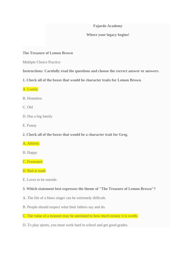 Multiple Choice Practice The Treasure of Lemon Brown | PDF | Multiple ...