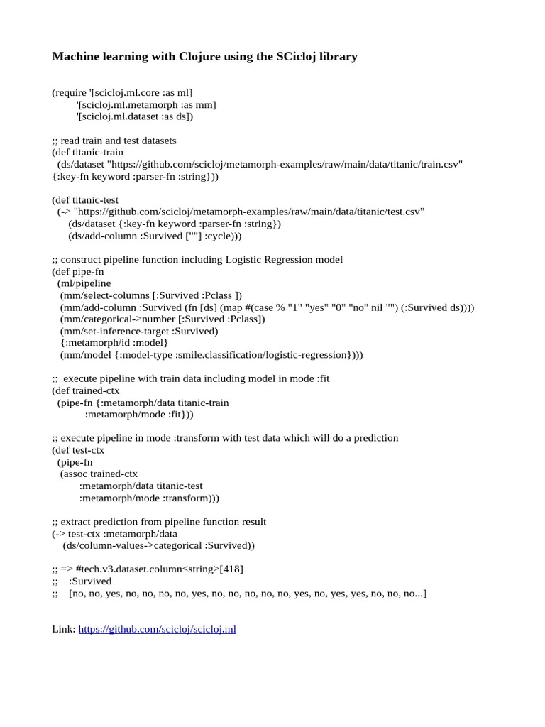 Machine Learning With Clojure Using The SCicloj Library | PDF