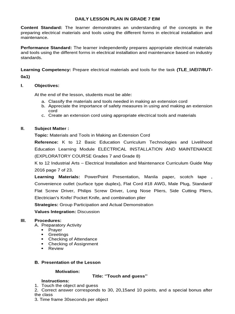 EIM 7 Lesson Plan | PDF | Electrical Connector | Screw