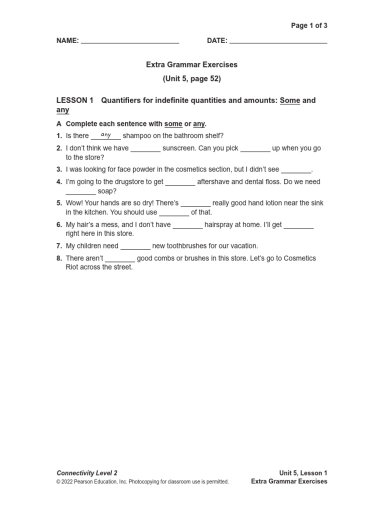 Grammar Exercises: Quantifiers & Pronouns | PDF