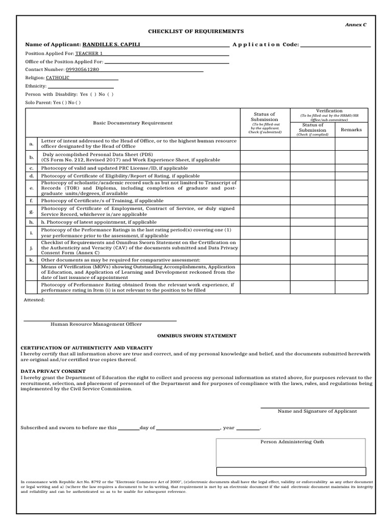C Checklist of Requirements and Omnibus Sworn Statement | PDF