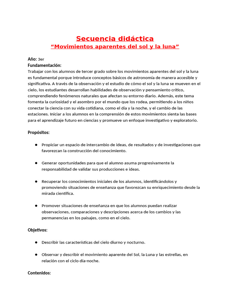 Secuencia Didáctica. Movimientos Aparentes Del Sol y La Luna. Primer ...