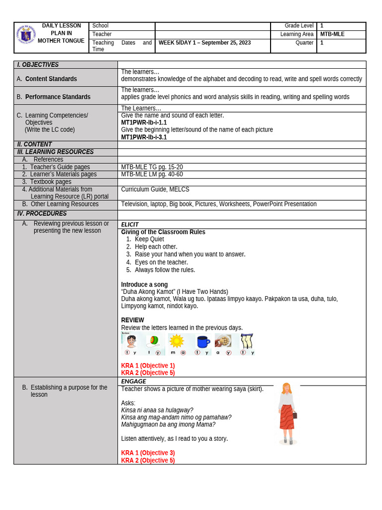 MTB 1stquarter Week5 Day1 | PDF | Reading (Process) | Applied Linguistics