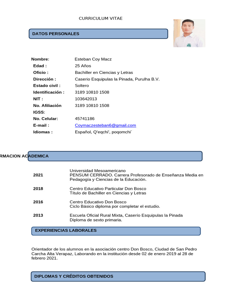 Curriculum Vitae de Esteban Coy Macz | PDF | Escuelas | Diploma