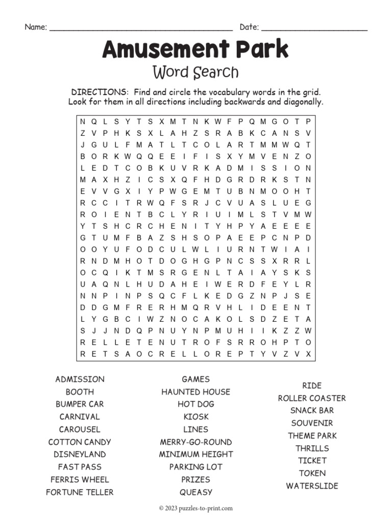 Amusement Park Word Search | PDF | Word Search | Linguistics